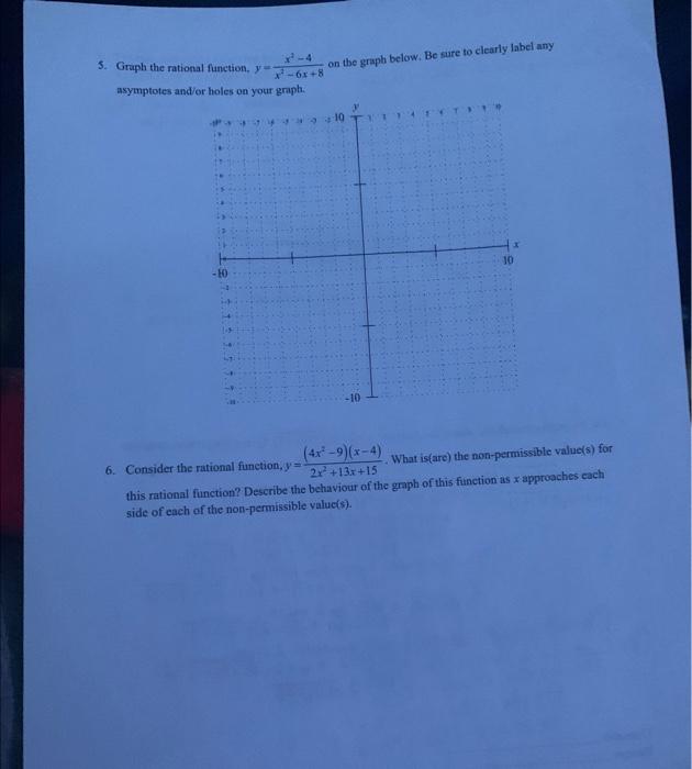 Solved 5. Graph the rational function, y=x2−6x+8x2−4 on the | Chegg.com