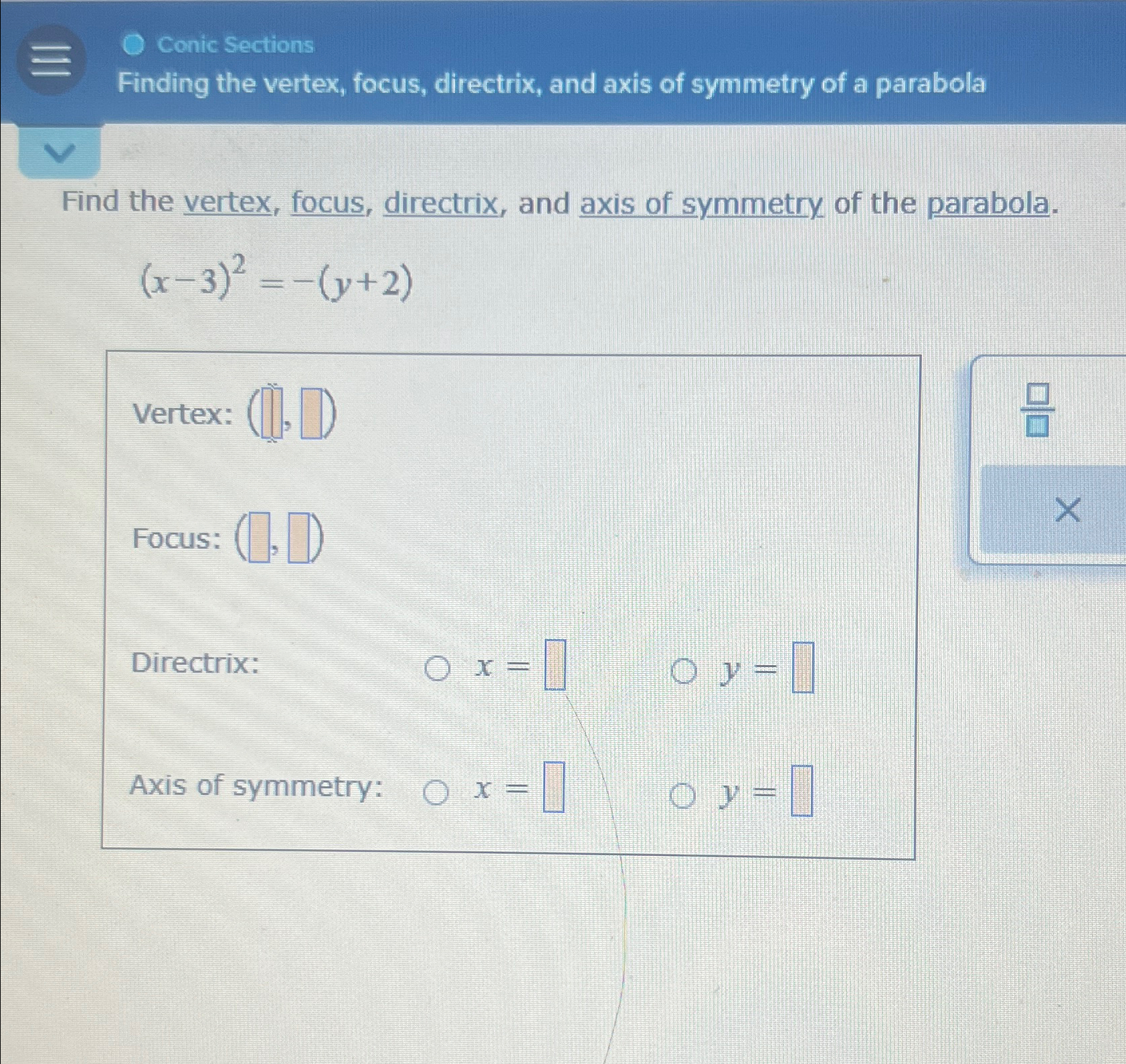 Solved Conic SectionsFinding the vertex, focus, directrix, | Chegg.com