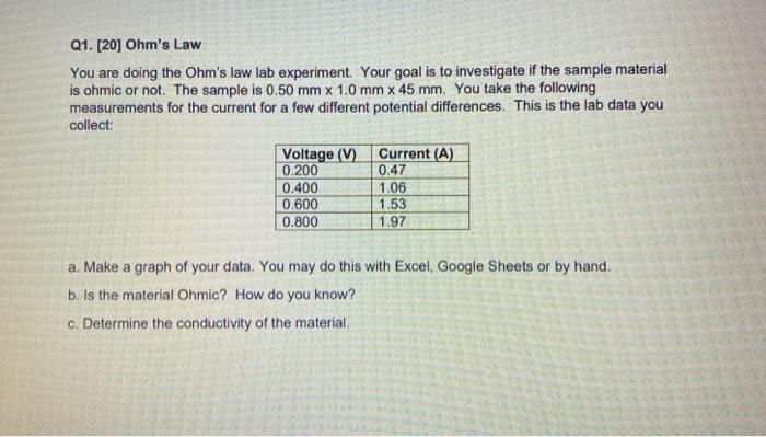 Solved Q1. [20] Ohm's Law You are doing the Ohm's law lab | Chegg.com