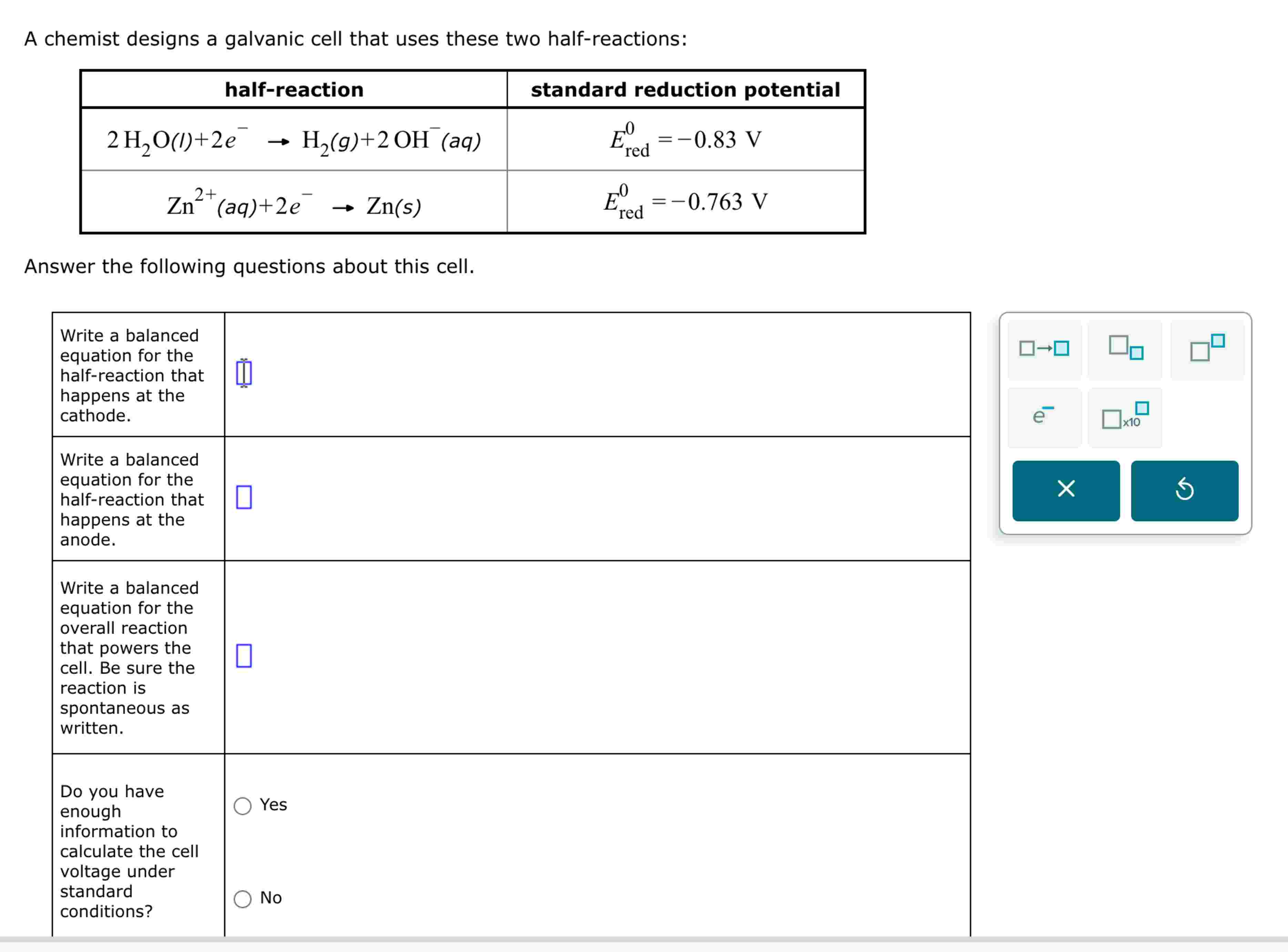 Solved A chemist designs a galvanic cell that uses these two | Chegg.com