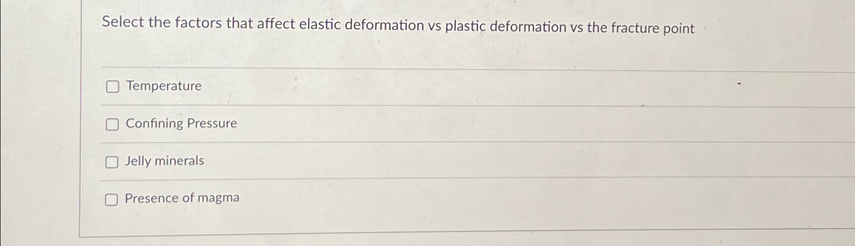 Solved Select the factors that affect elastic deformation vs | Chegg.com