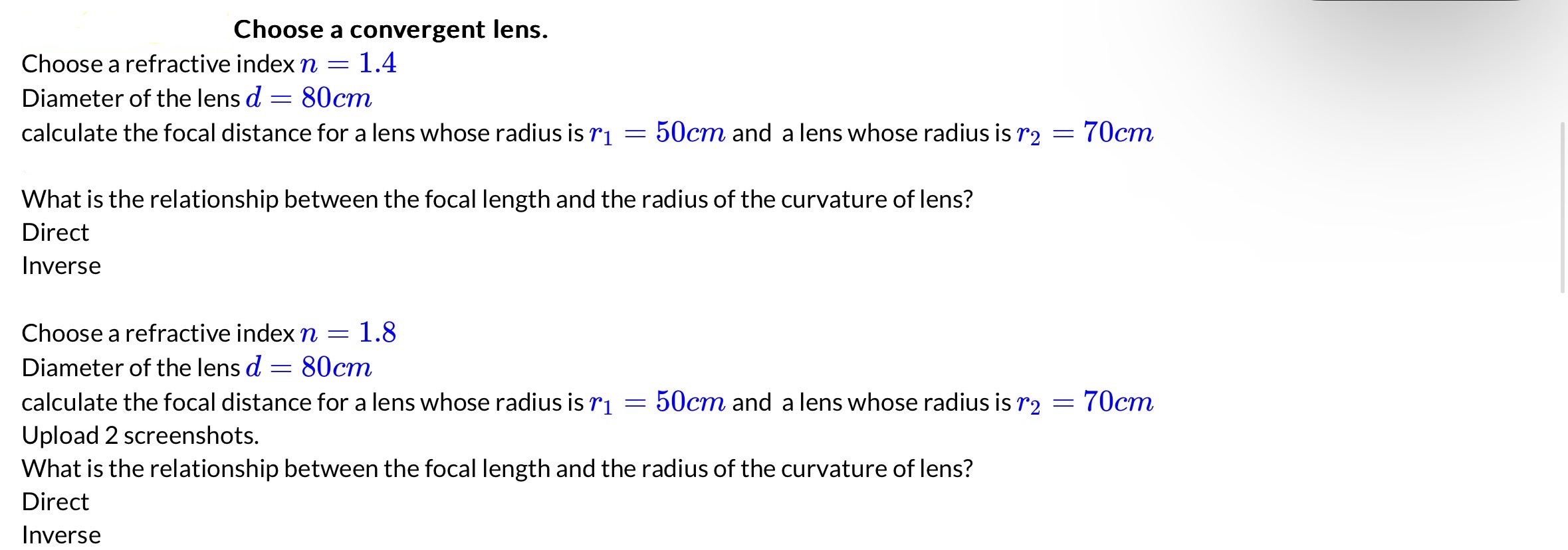 Solved Choose a convergent lens.Choose a refractive index | Chegg.com