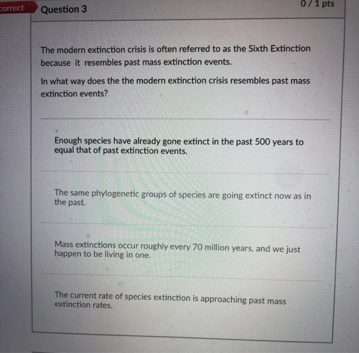 Solved correct 07 1 pts Question 3 The modern extinction | Chegg.com