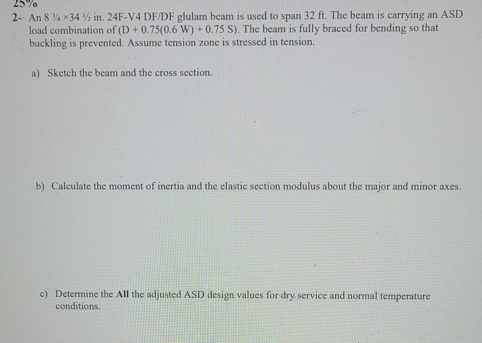 Solved 25% 2- An 8 %x34 2 in. 24F-V4 DF/DF glulam beam is | Chegg.com