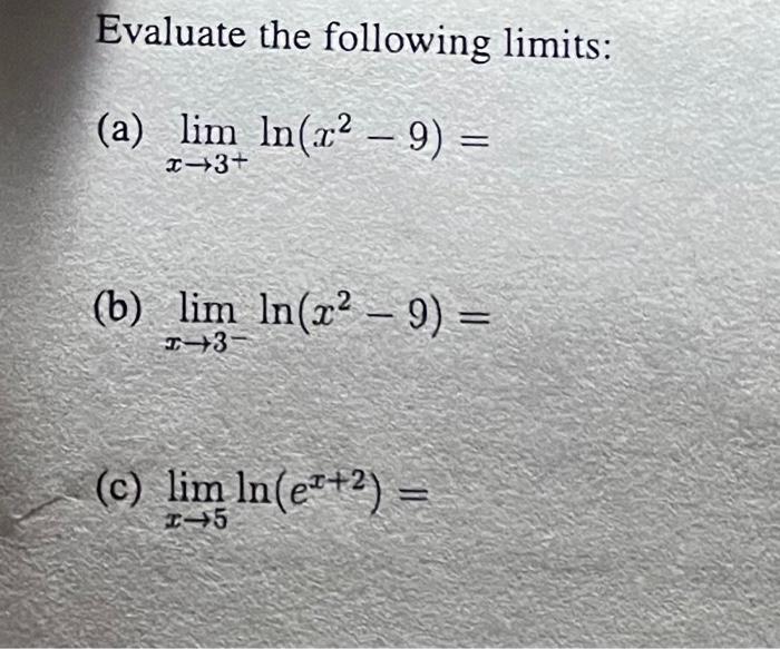 Solved Evaluate the following limits: (a) limx→3+ln(x2−9)= | Chegg.com