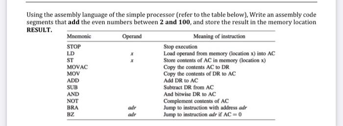 Solved Using the assembly language of the simple processor | Chegg.com