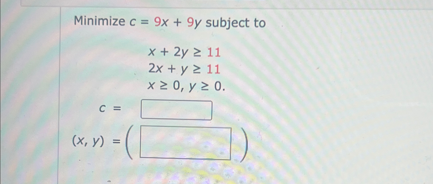 Solved Minimize c=9x+9y ﻿subject | Chegg.com