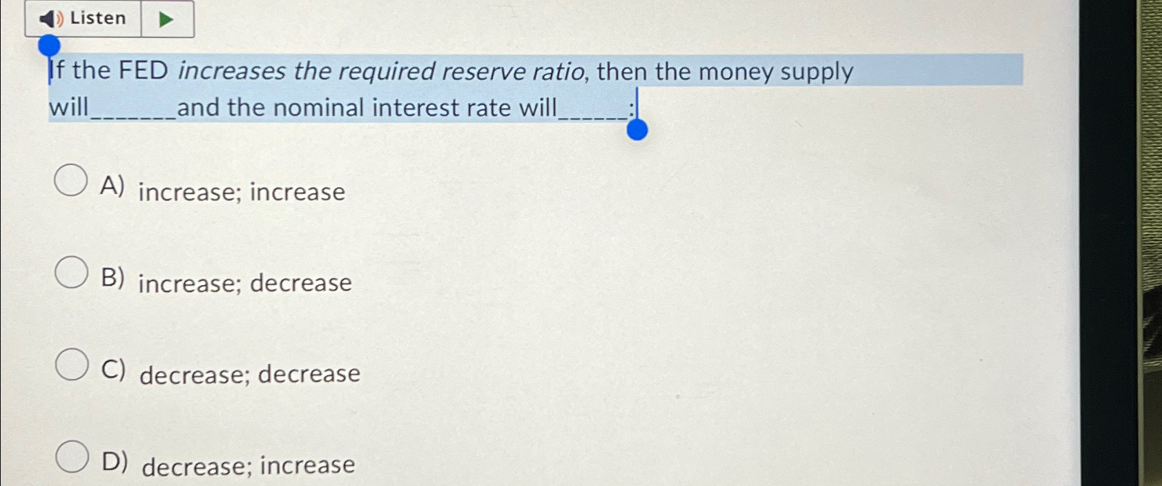 Solved ListenIf the FED increases the required reserve | Chegg.com