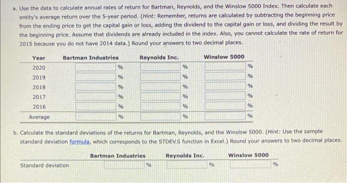 Excel Activity: Evaluating Risk and Return Bartman | Chegg.com