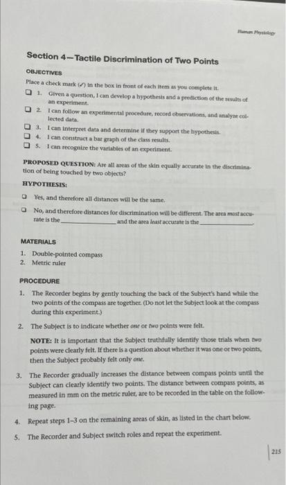 Solved Section 4-Tactile Discrimination of Two Points | Chegg.com