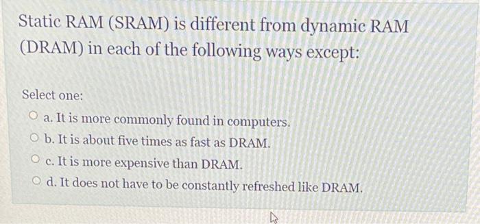 Solved Static RAM (SRAM) is different from dynamic RAM | Chegg.com