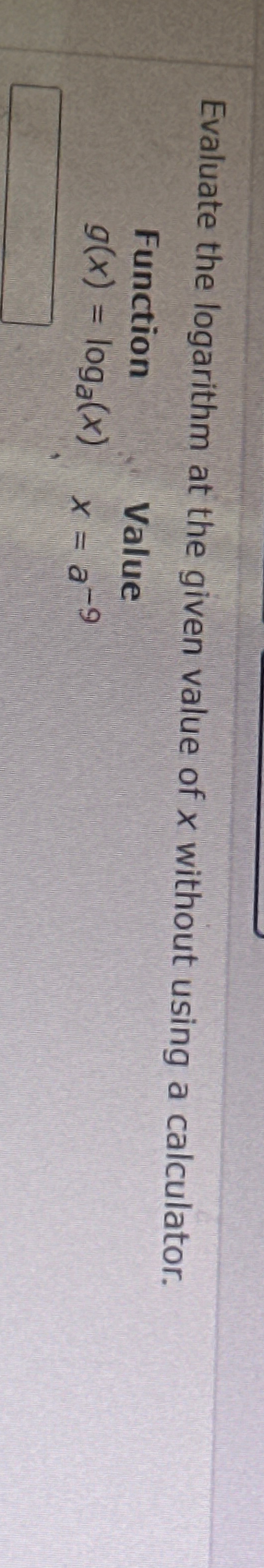 Solved Evaluate the logarithm at the given value of x | Chegg.com
