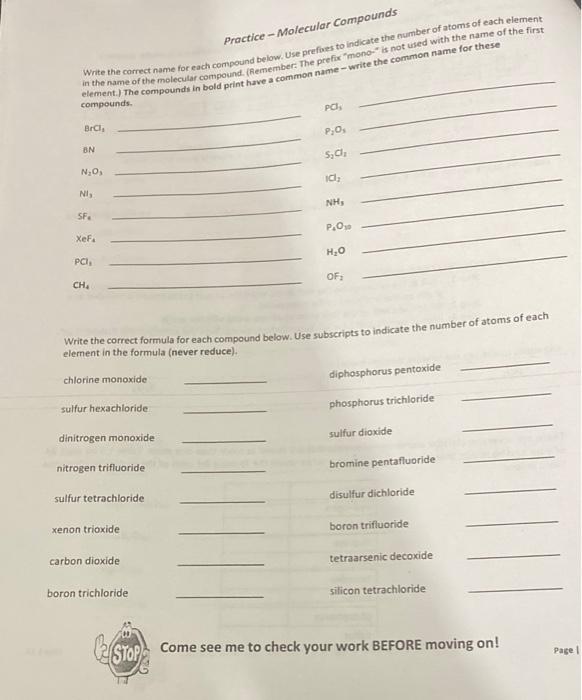 Solved Practice - Molecular Compounds in the name of the | Chegg.com
