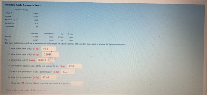 Solved Predicting height from age in bears: TA The Excel | Chegg.com