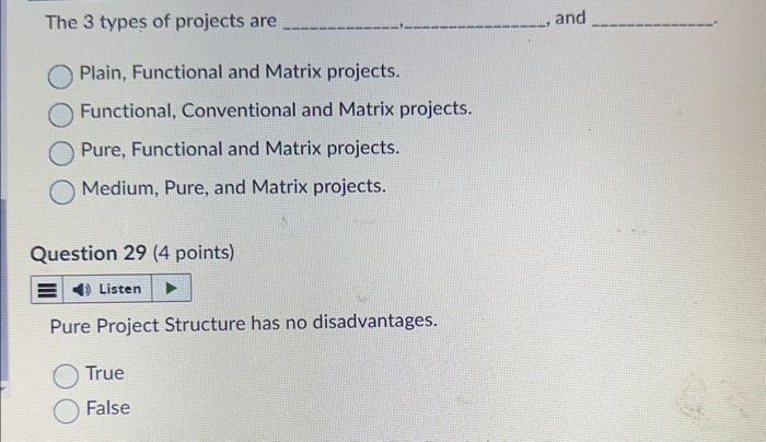 Solved The 3 types of projects are , and Plain, Functional | Chegg.com