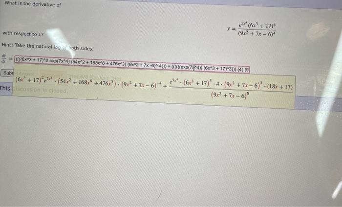Solved What is tbe derivative of with respect to x?Hint: | Chegg.com