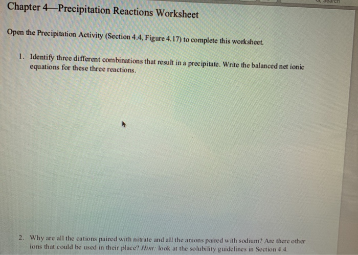 Search Chapter 4 Precipitation Reactions Worksheet | Chegg.com