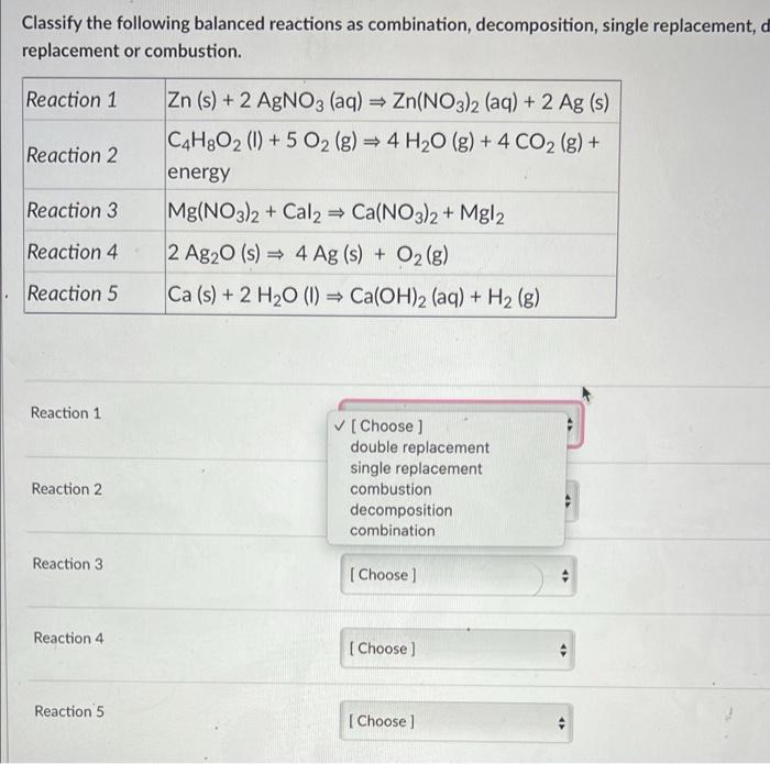 Solved Classify the following balanced reactions as | Chegg.com