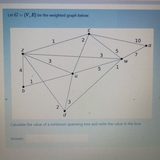 Solved Let G=(V, E) be the weighted graph below: 1 2 10 a N | Chegg.com