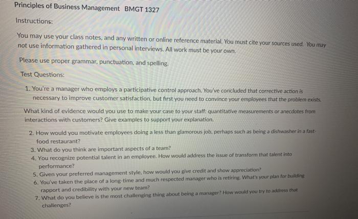 Solved Principles of Business Management BMGT 1327 | Chegg.com