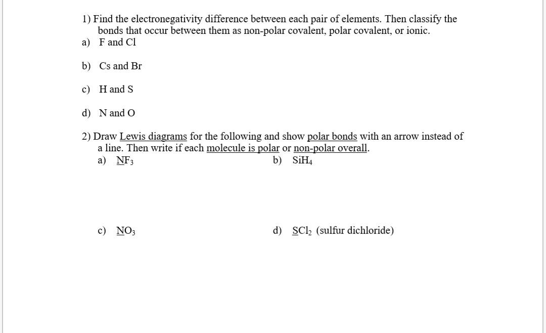 Solved 1) Find the electronegativity difference between each | Chegg.com