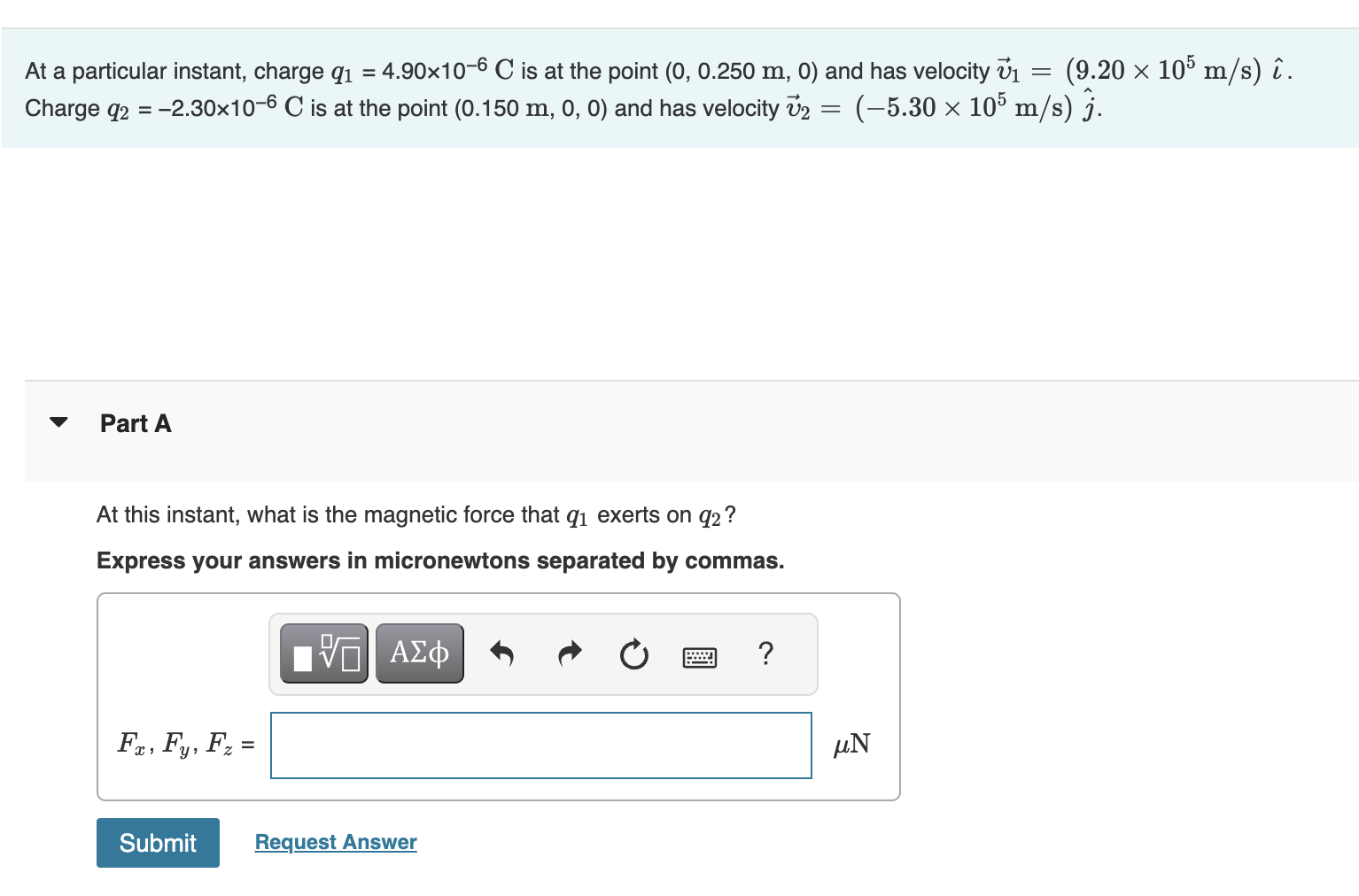 Solved At a particular instant, charge q1=4.90×10-6C ﻿is at | Chegg.com