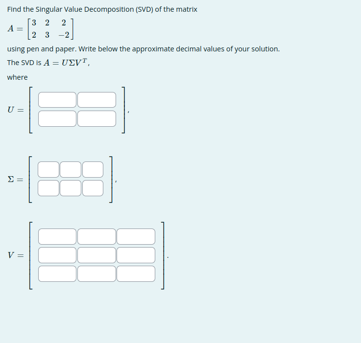 Solved Find the Singular Value Decomposition (SVD) ﻿of the | Chegg.com