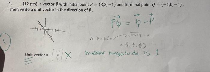Solved 1. (12 pts) a vector v with initial point P=(3,2,−1) | Chegg.com
