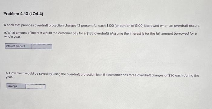 Solved A bank that provides overdraft protection charges 12 | Chegg.com
