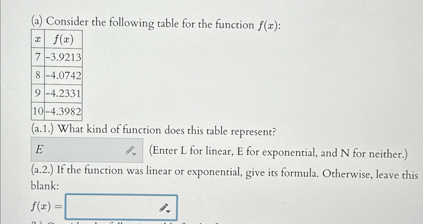 Solved (a) ﻿Consider the following table for the function | Chegg.com