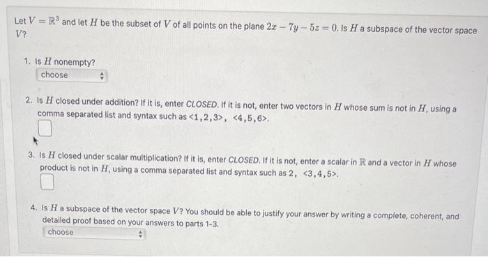 Solved Let V=R3 and let H be the subset of V of all points | Chegg.com