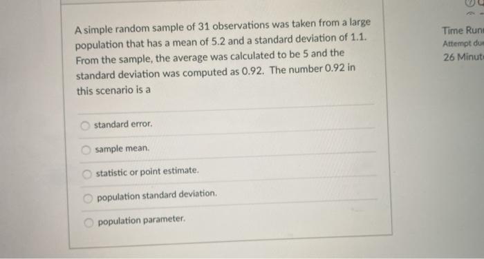 Solved A simple random sample of 31 observations was taken | Chegg.com