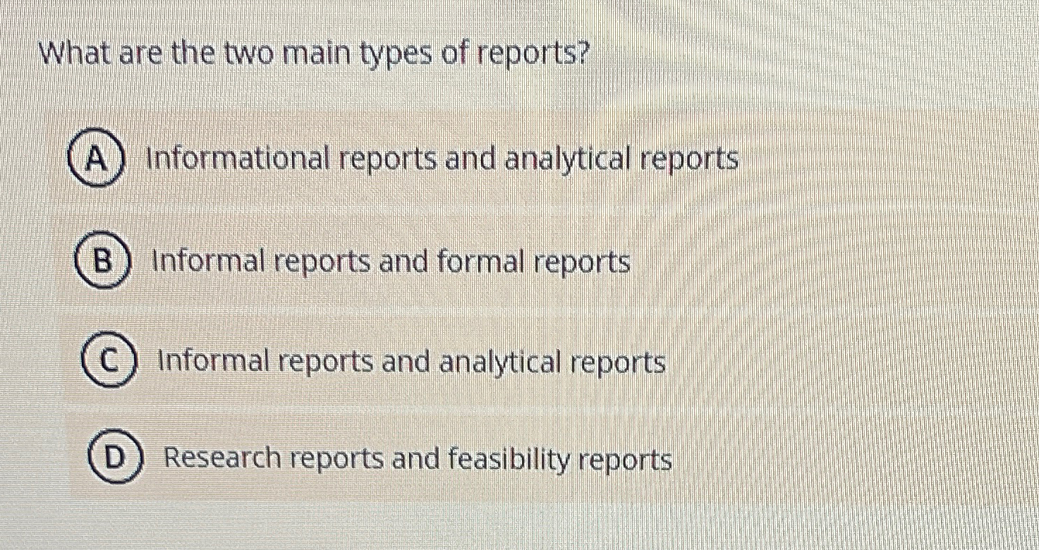 Solved What are the two main types of reports?Informational | Chegg.com