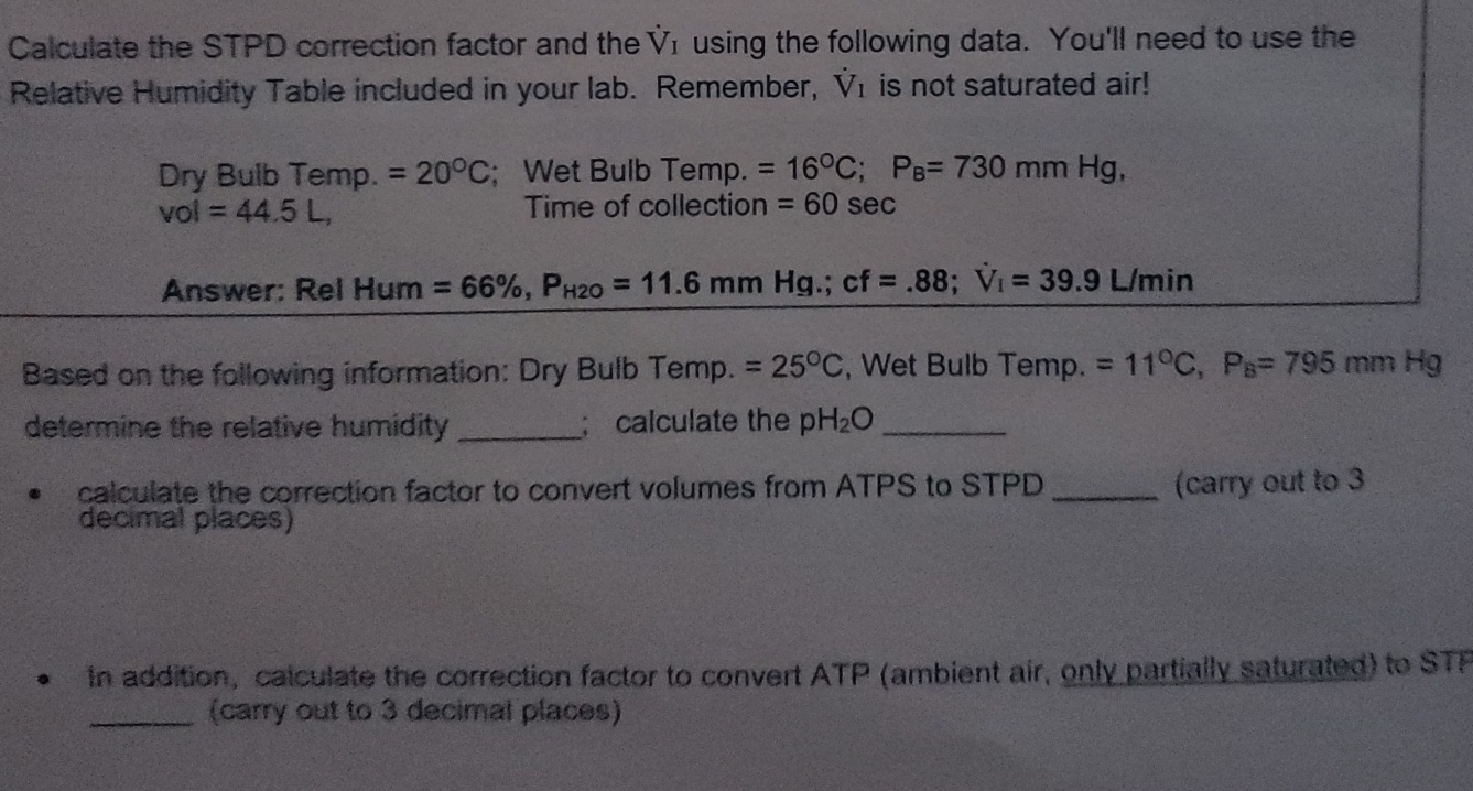 Solved Calculate the STPD correction factor and the V1˙ | Chegg.com