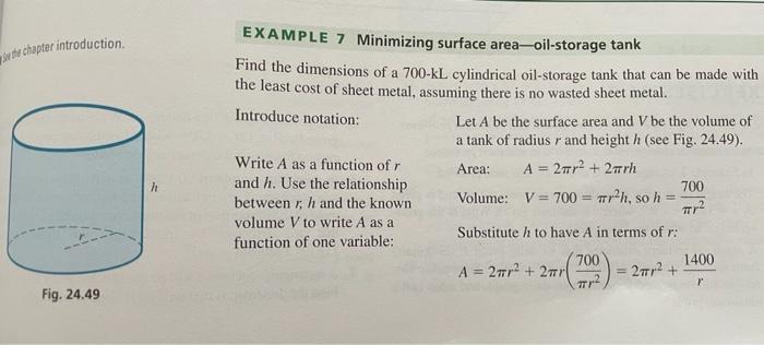 Solved EXAMPLE 7 Minimizing surface area-oil-storage tank | Chegg.com