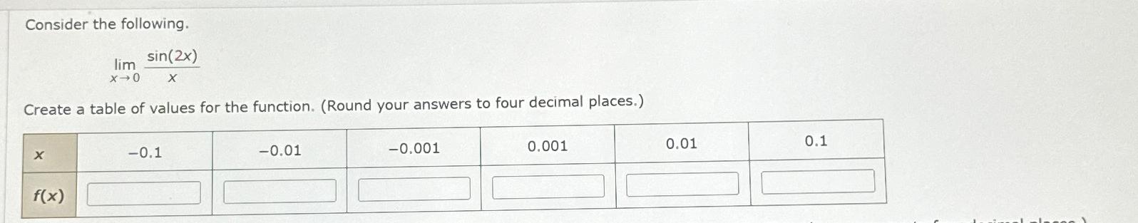 Solved Consider the following.limx→0sin(2x)xCreate a table | Chegg.com