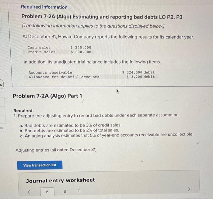Solved Problem 7-2A (Algo) Estimating and reporting bad | Chegg.com
