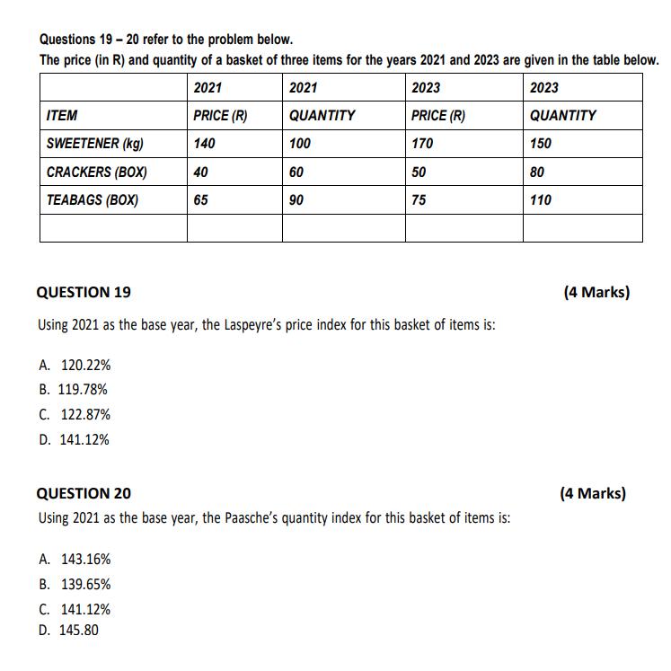 Solved Questions 19-20 ﻿refer to the problem below.The price | Chegg.com