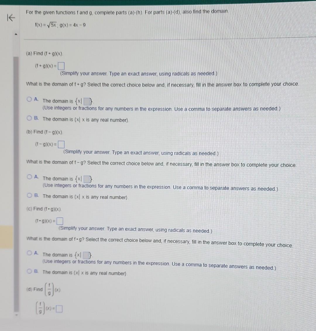 Solved For the given functions f and g, complete parts | Chegg.com