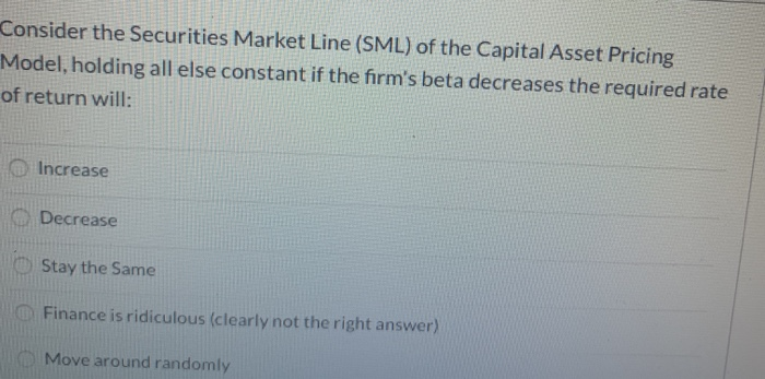 Solved Consider the Securities Market Line (SML) of the | Chegg.com