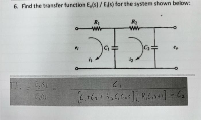 Solved 6. Find the transfer function E0(s)/Ei(s) for the | Chegg.com