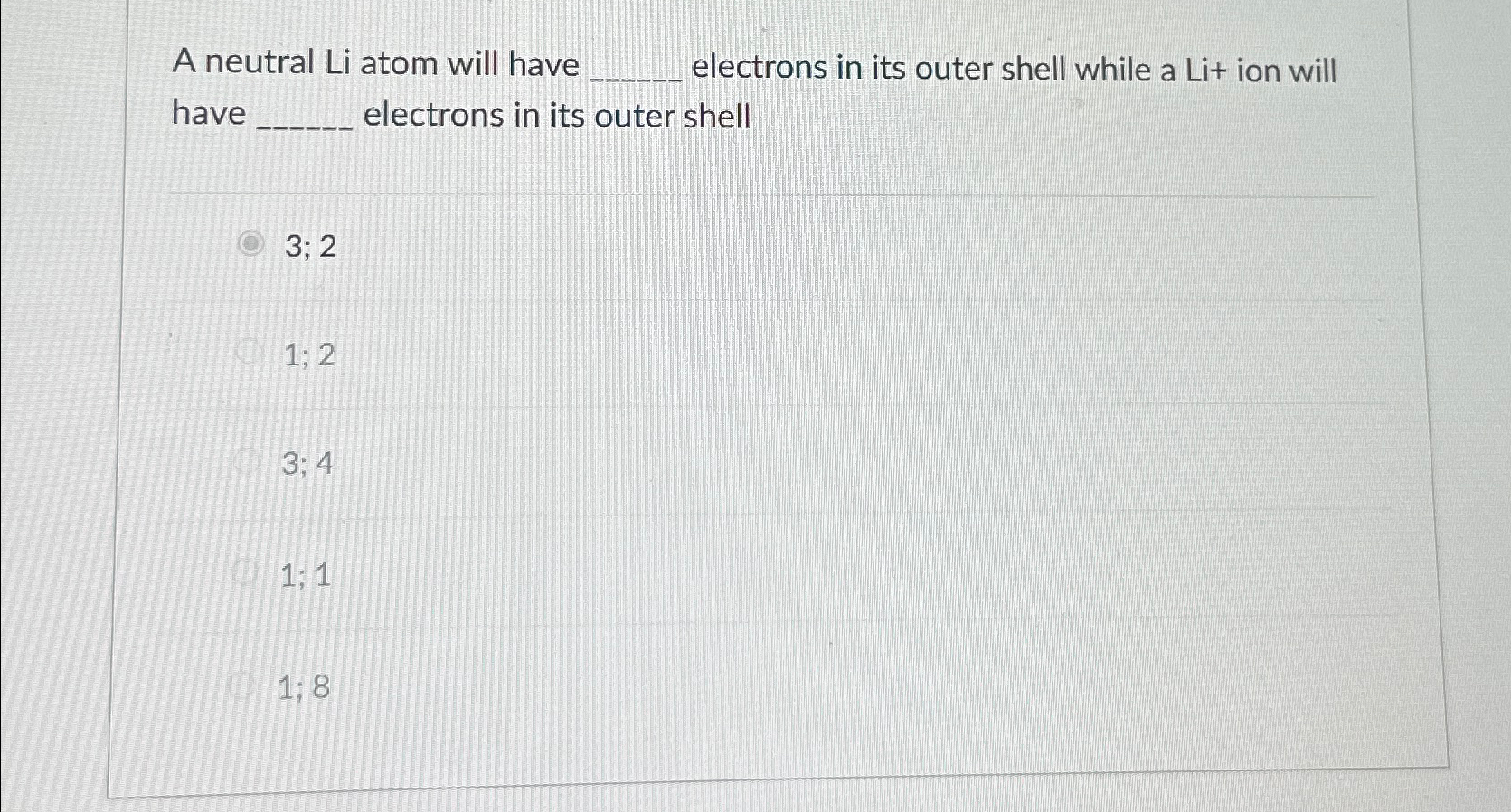 Solved A neutral Li ﻿atom will have electrons in its outer | Chegg.com