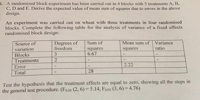 Solved 5 A Randomized Block Experiment Has Been Carried Out 