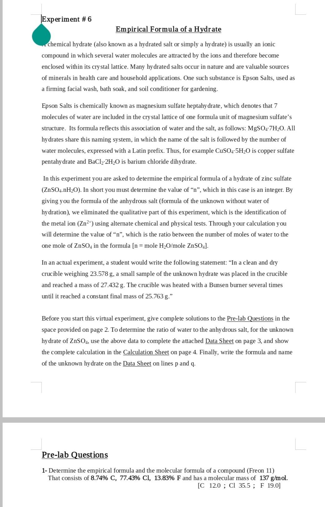 Solved Experiment #6 Empirical Formula of a Hydrate chemical | Chegg.com