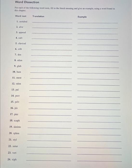 Solved Word Dissection For cach of the following word roots, | Chegg.com