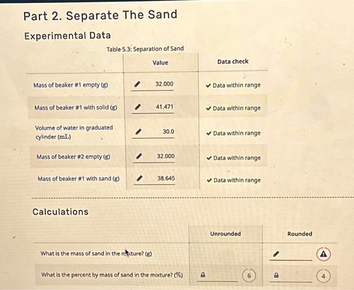 Solved Part 2. Separate The Sand Experimental Data Table | Chegg.com
