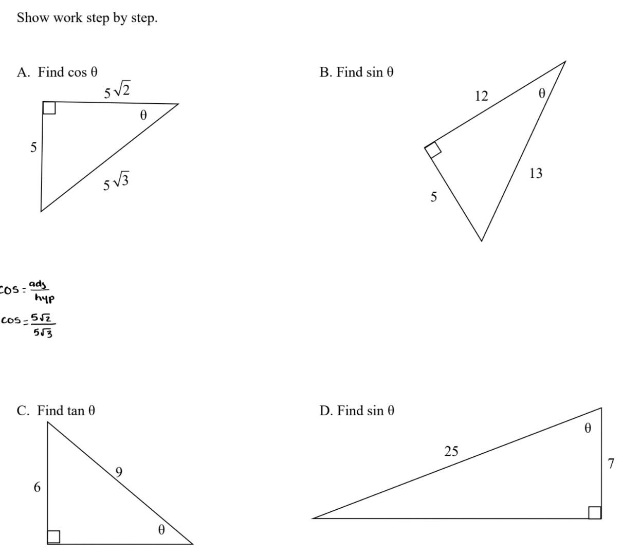 Solved Show Work Step By Step A Find Cosa B Find Sinθ 