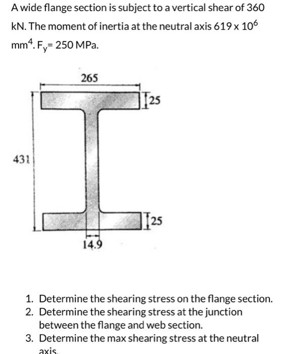 Solved A wide flange section is subject to a vertical shear | Chegg.com
