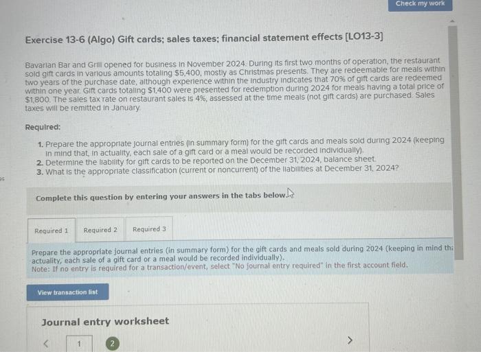 Solved Exercise 13-6 (Algo) Gift cards; sales taxes; | Chegg.com