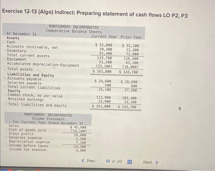 Solved Exercise 12-13 (Algo) Indirect: Preparing statement | Chegg.com